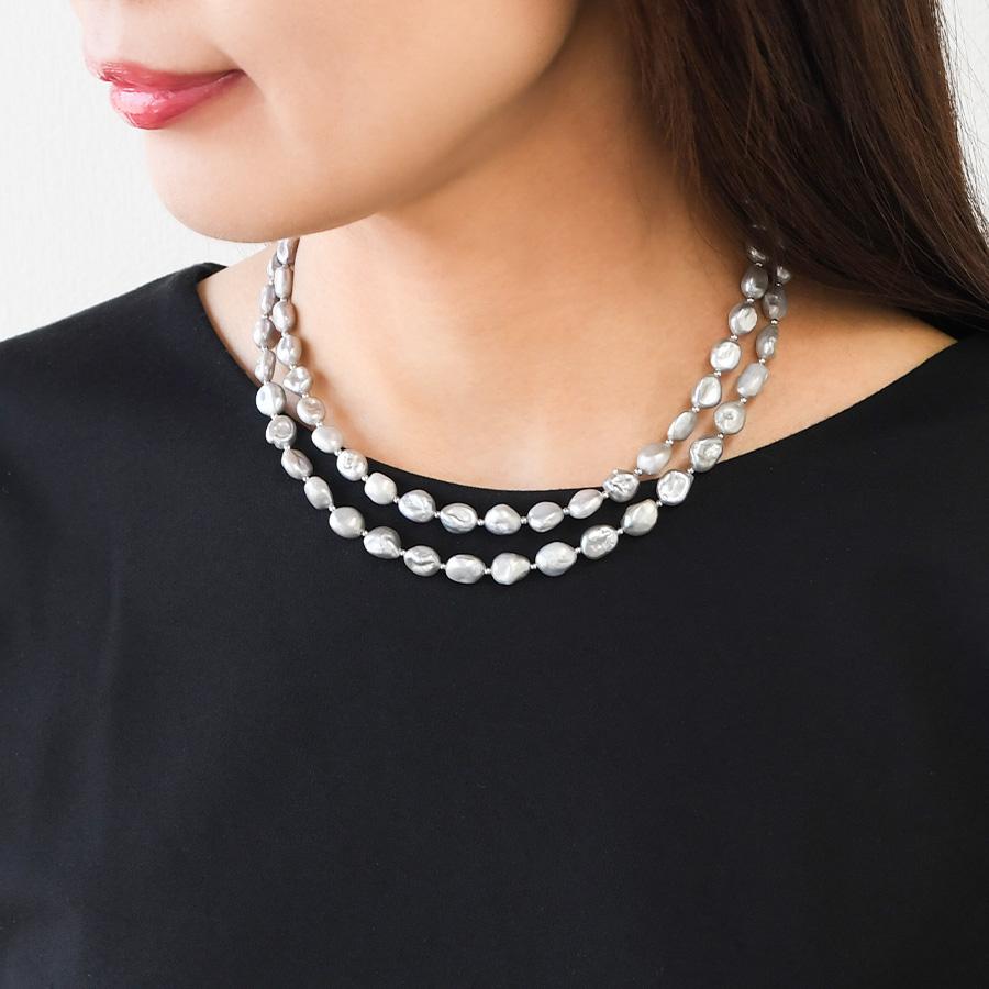 グレー ケシ バロックパール ロングネックレス 上品シルバー グレー ケシ バロックパール ロングネックレス 上品シルバー