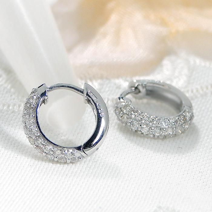 K18WG ダイヤモンド 0.4ct 中折れ フープ ピアス 送料無料 18金 ホワイトゴールド 簡単装着 キャッチレス プレゼント k18 小さめ パヴェ pave ALH-0536 ...