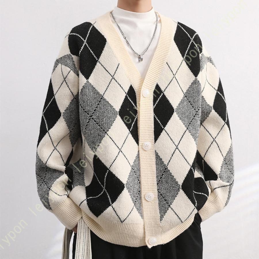 カーディガン メンズ 秋 ニット セーター Vネック アーガイル柄 オシャレ カジュアル ビジネス 大きいサイズ 制服 スーツ 紳士 長袖 防寒対策 ウォッシャブル : leiypon ...