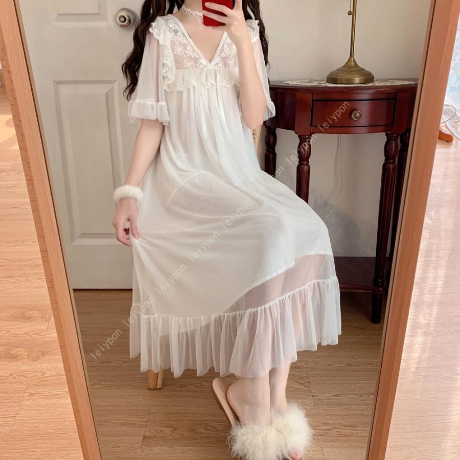 お姫系ロングワンピースパジャマ ゆったり大きめ可愛いネグリジェ レースルームウエア ワンピース部屋着 肌触り良いライトウエア ピンク 白 ブルーワンピース : 5ft-7l3-tpcp ...