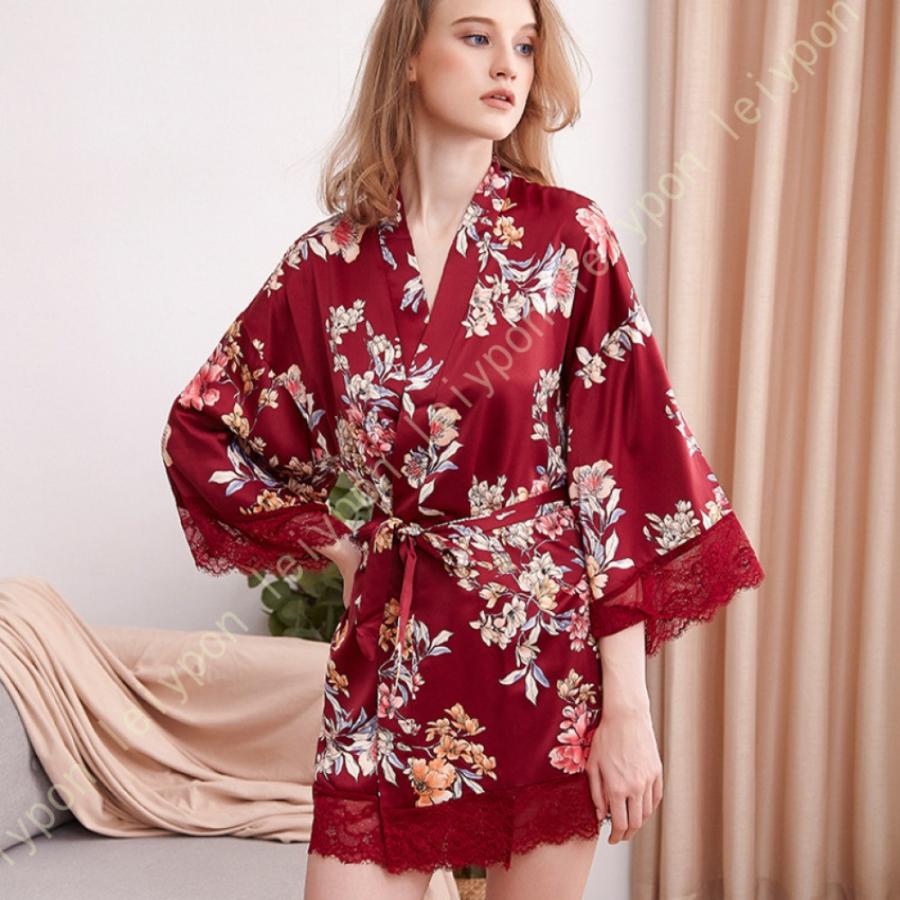 浴衣 和服 レディース バスローブ 浴衣式 孔雀柄 軽量 膝上 ショートローブ 女性用 サテン着物ドレスガウンラウンジウェア ナイトガウン ブルー M 部屋着 快適 : 5ft-7l3 ...