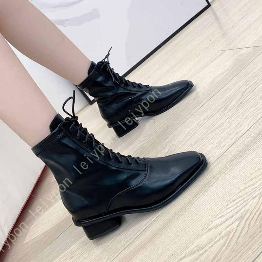 ブーツ 袴用 編み上げ 後ろファスナー ショート レディース ショートブーツ レースアップ 黒 スクエアヒール太ヒール ファスナー付 レースアップブーツ 袴 cm :ane-ryk ...