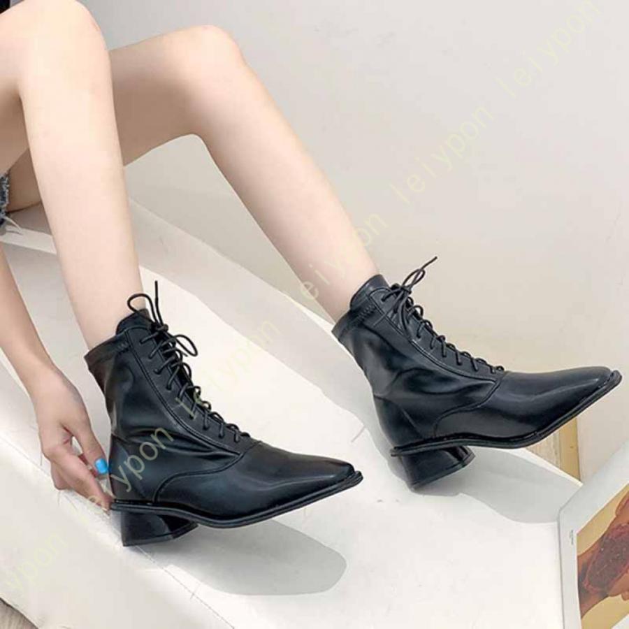 ブーツ 袴用 編み上げ 後ろファスナー ショート レディース ショートブーツ レースアップ 黒 スクエアヒール太ヒール ファスナー付 レースアップブーツ 袴 cm :ane-ryk ...