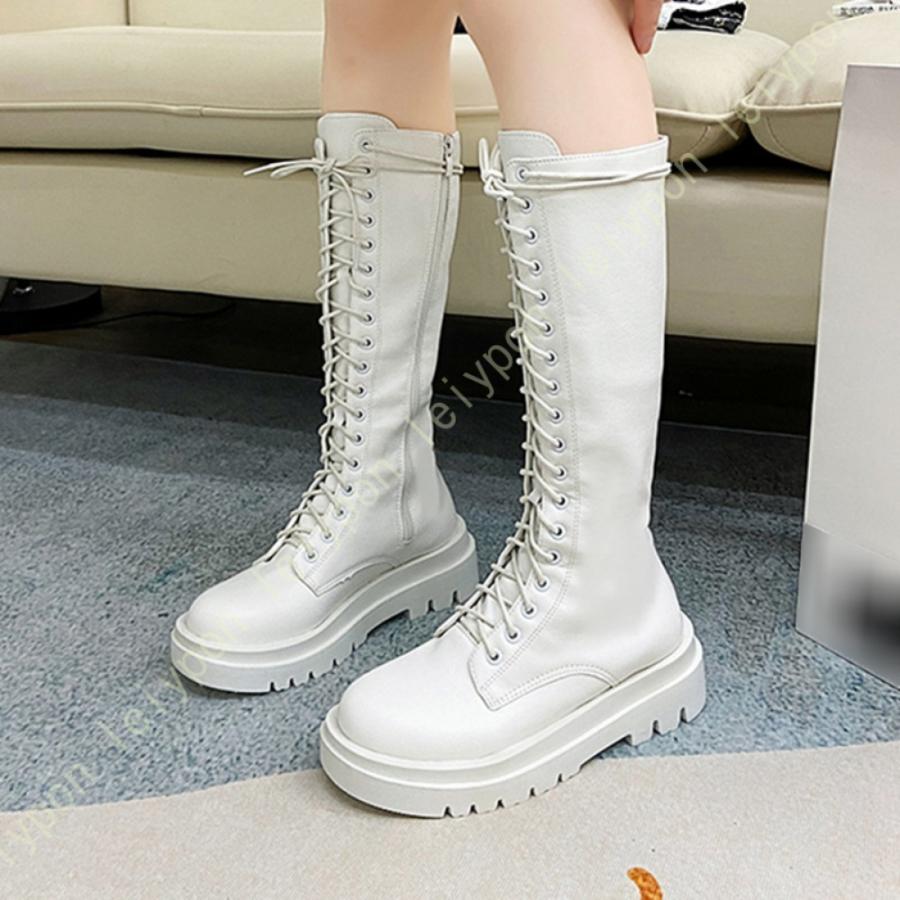 ロングブーツ スムース レザー調 本革調 太ヒール ロング ブーツ 厚底 レディース ヒール レースアップ 編み上げ 秋 秋冬 歩きやすい 通勤用 仕事 痛くない 黒 :ane-ryk ...