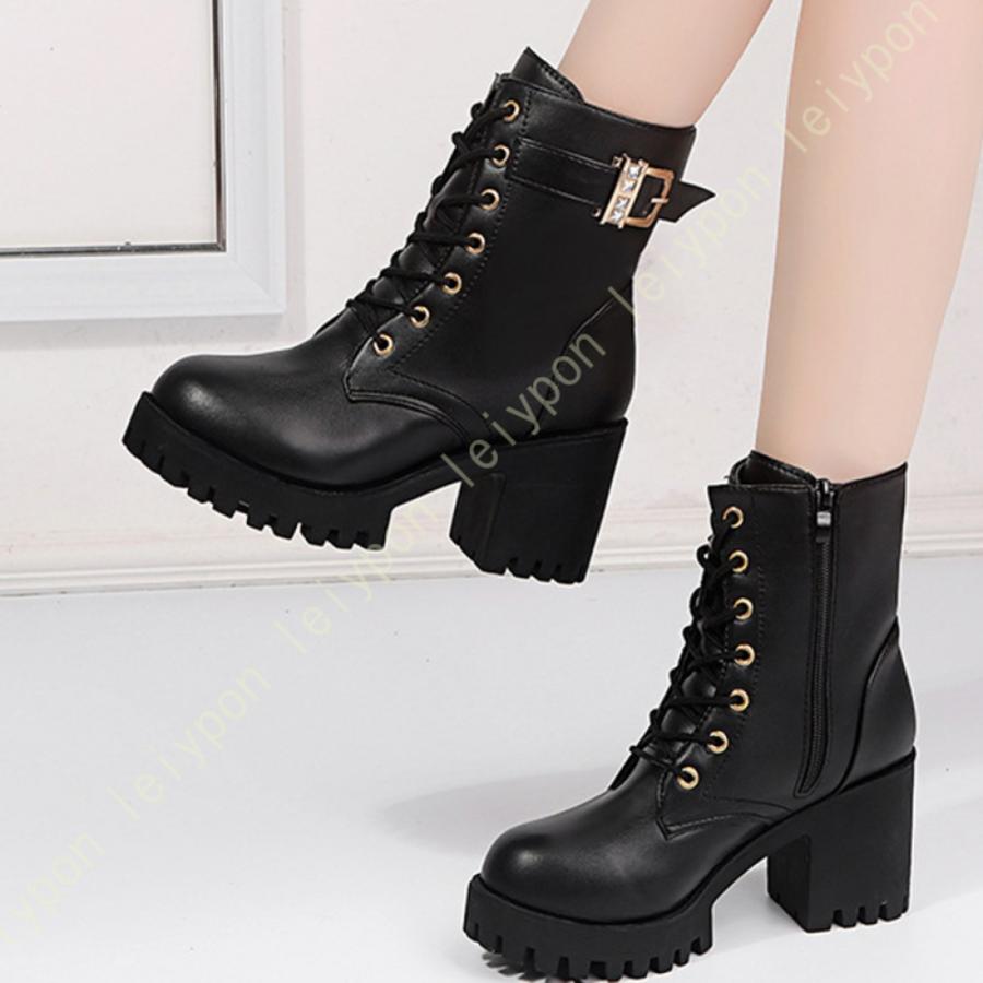 7cm レディース ショートブーツ 厚底 太ヒール サイドジッパー付き レースアップ 編み上げ 黒 ブラック コスプレブーツ ライブ ゴスロリ クロスベルト :ane-ryk-XZ1621 ...