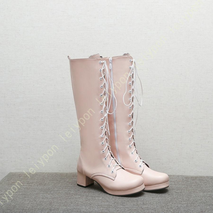 ブーツ 厚底 靴 ヒール6cm 締め上げ 太ヒール 黒 白 編み上げ 太ヒール シューズ ファスナー付き ロングブーツ 大きいサイズ 小さいサイズ 美脚 スムース PU : ane-ryk ...