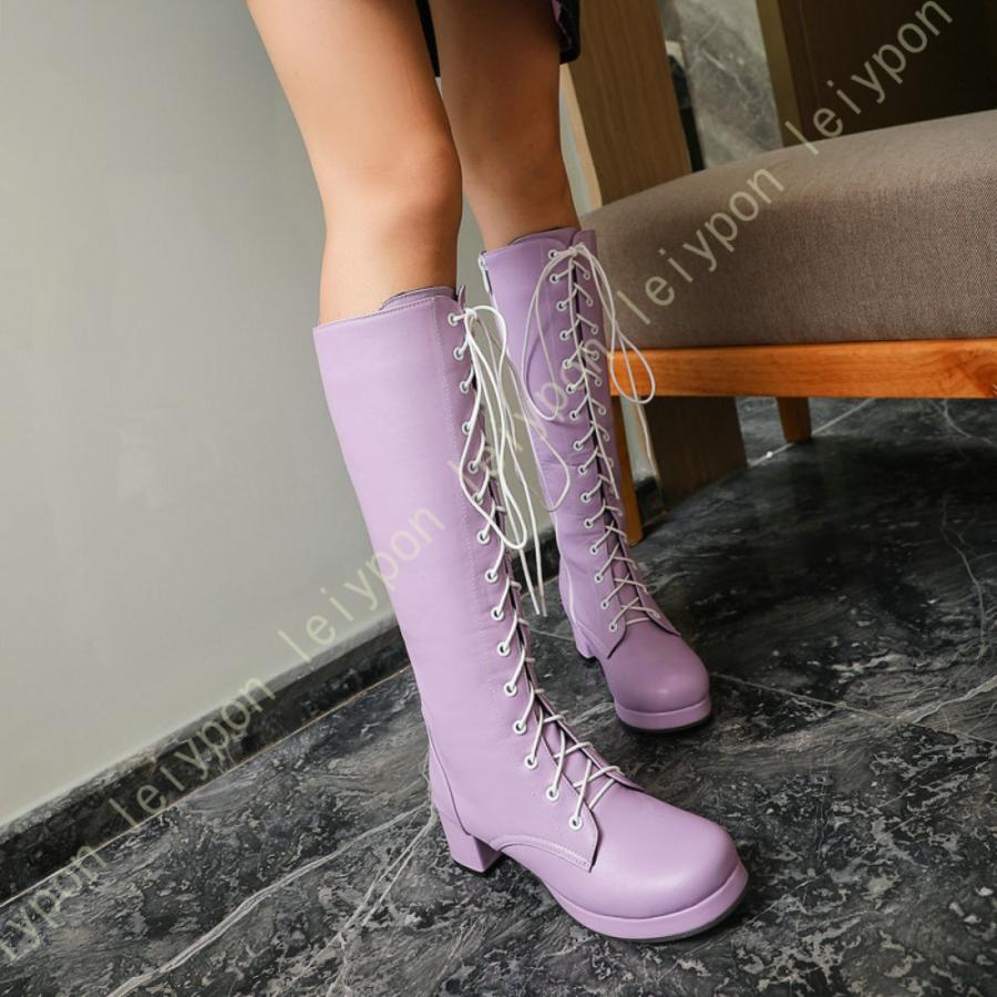 ブーツ 厚底 靴 ヒール6cm 締め上げ 太ヒール 黒 白 編み上げ 太ヒール シューズ ファスナー付き ロングブーツ 大きいサイズ 小さいサイズ 美脚 スムース PU : ane-ryk ...