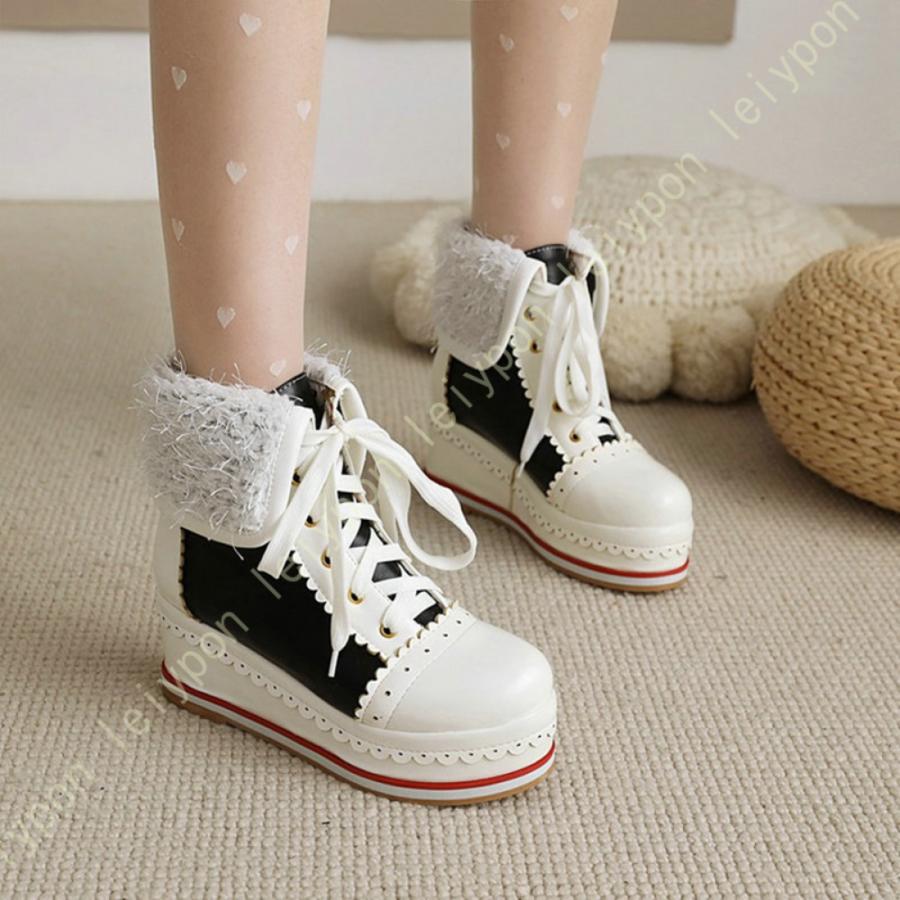 8cm レース付き シークレットブーツ レディース 厚底 ショート ブーツ レースアップ 編み上げ ハイカット インヒール コスプレ靴 コスプレブーツ 美脚 : leiypon - 通販 ...