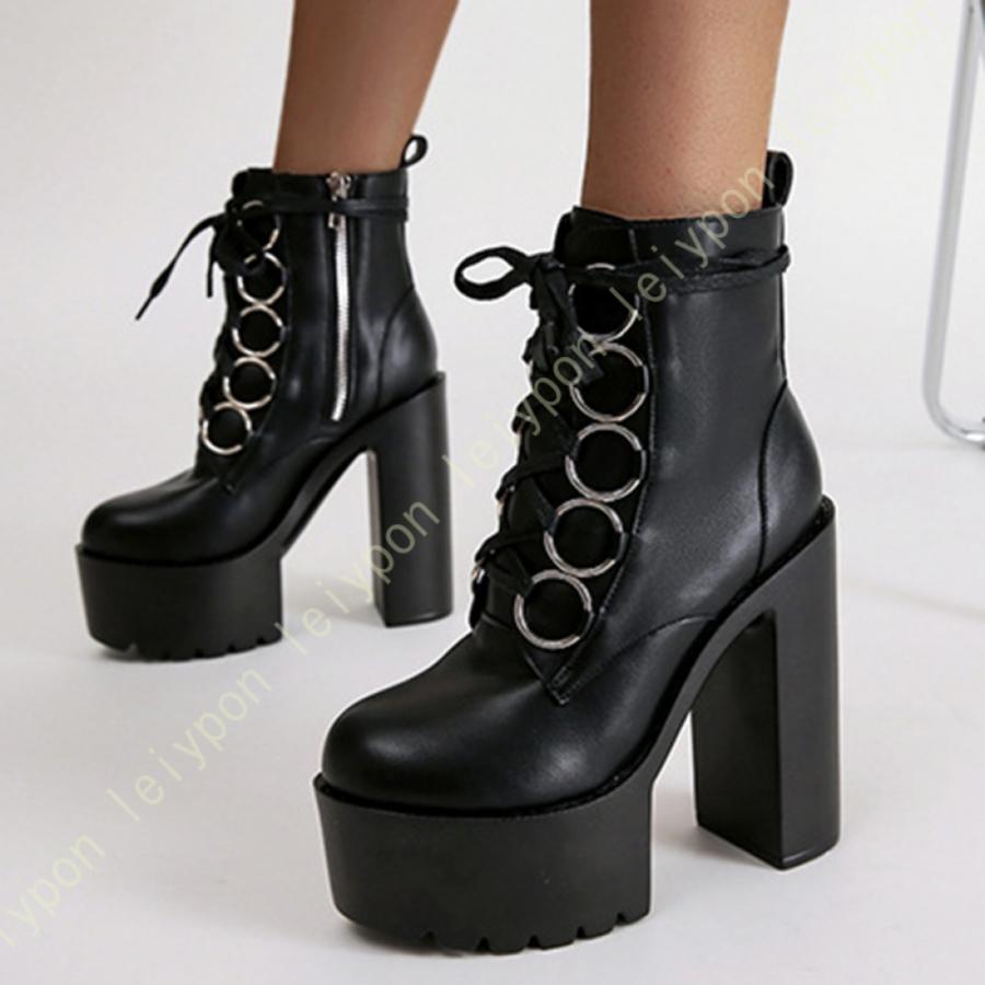 14cm 厚底 ショートブーツ ブーティ 太ヒール ベルト飾り レースアップ 編み上げブーツ カジュアル コスプレ イベント 仮装 パーティー ハイヒール 厚底靴 黒 :ane-ryk ...