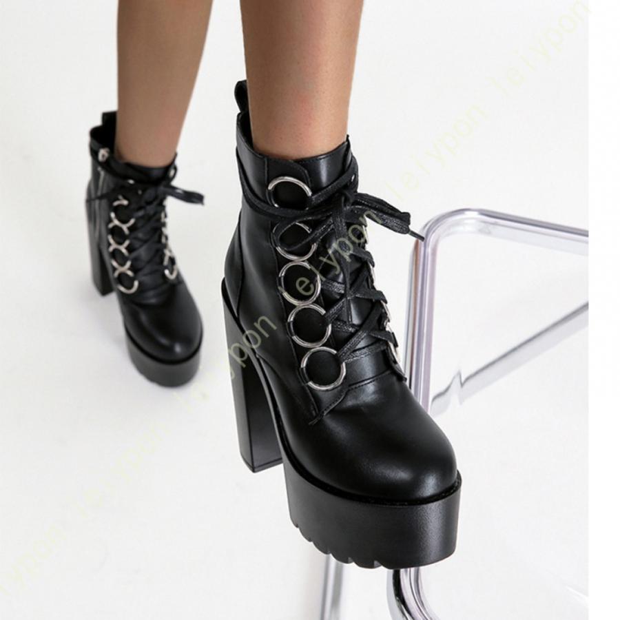 14cm 厚底 ショートブーツ ブーティ 太ヒール ベルト飾り レースアップ 編み上げブーツ カジュアル コスプレ イベント 仮装 パーティー ハイヒール 厚底靴 黒 :ane-ryk ...