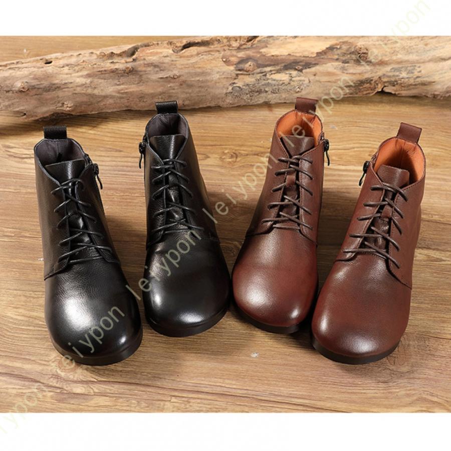 ブーツ レースアップブーツ ショートブーツ 紐 ひも カジュアル ぺたんこ フラット 歩きやすい コンフォート レディース サイドジッパー付き ラウンドトゥ 本革 : leiypon - 通販 ...