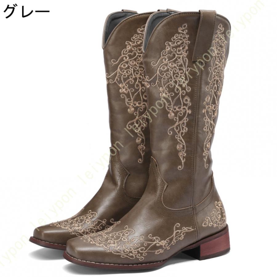 ウエスタンブーツ ウエスタン カントリーダンス カウボーイ 刺繍 ロングブーツ 女性用 本革調 茶色 カーキ ブラウン スクエアトゥジョッキーブーツ : leiypon - 通販 ...