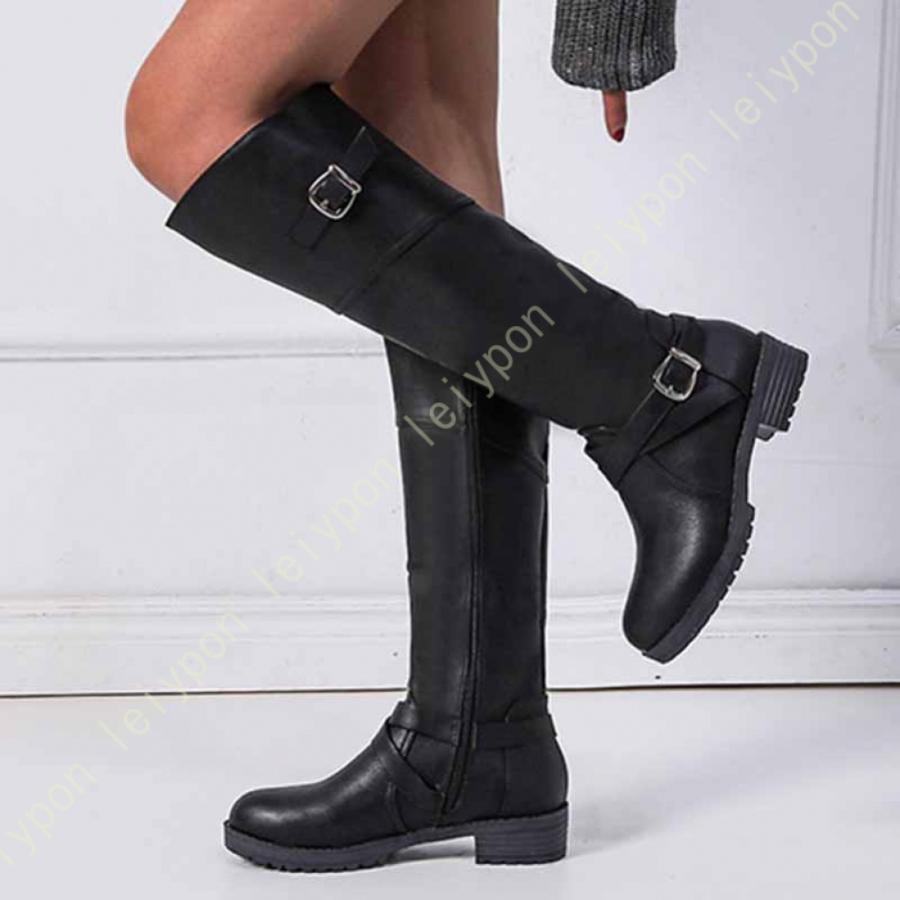 ブーツ ロング ベルトバックル レディース ラウンドトゥ 美脚 ヒール 大きいサイズ 小さいサイズ 歩きやすい ジョッキーブーツ レザー調 サイドジッパー付き : leiypon - 通販 ...