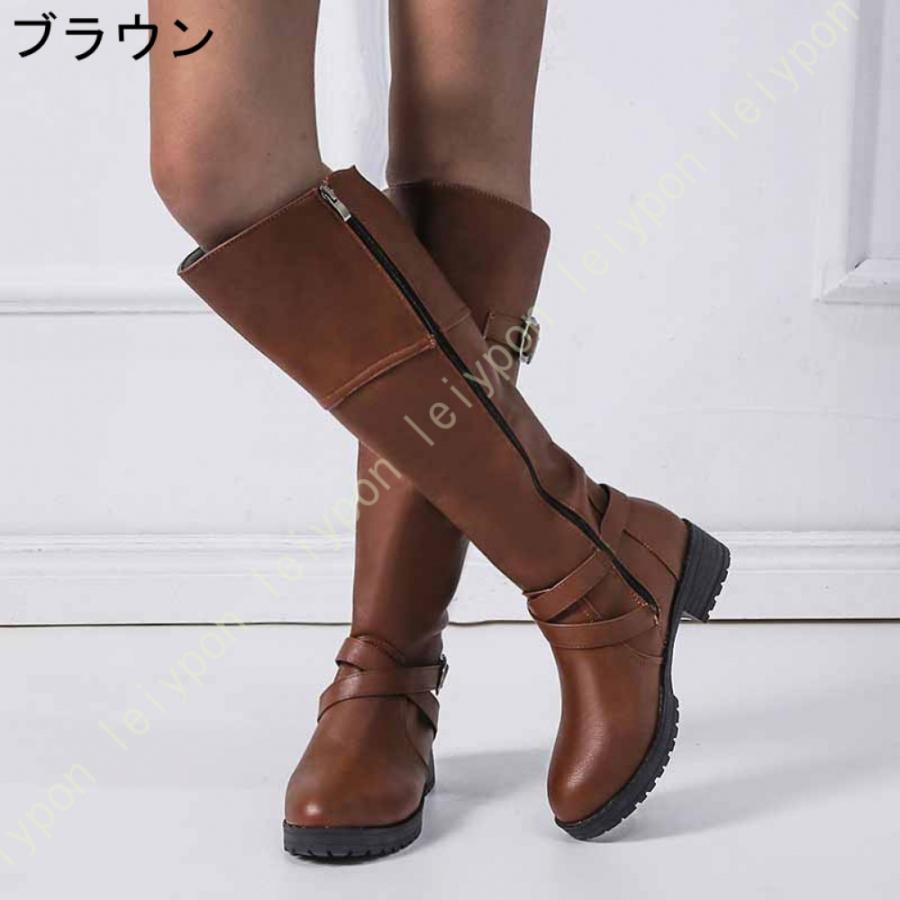 ブーツ ロング ベルトバックル レディース ラウンドトゥ 美脚 ヒール 大きいサイズ 小さいサイズ 歩きやすい ジョッキーブーツ レザー調 サイドジッパー付き : leiypon - 通販 ...