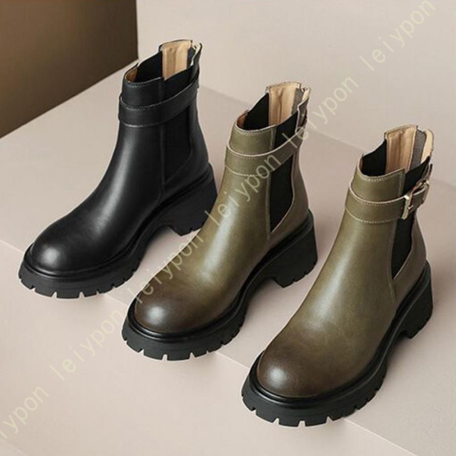 本革調サイドゴアブーツサイドゴアショートブーツ 厚底 レディースレインブーツ靴ミドル丈チェルシーブーツバックジッパー ベルトバックル ラウンドトゥ :ane-ryk-XZ2961 ...