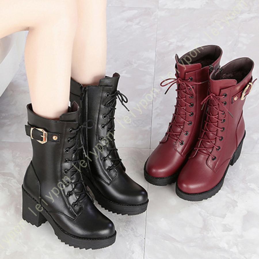 編み上げブーツ ゴスロリ風 チャンキーヒール 厚底 本革 ミドル ブーツ レースアップ ゴシック ロリータ レディース ファスナー付き ファッション ストーム : leiypon - 通販 ...
