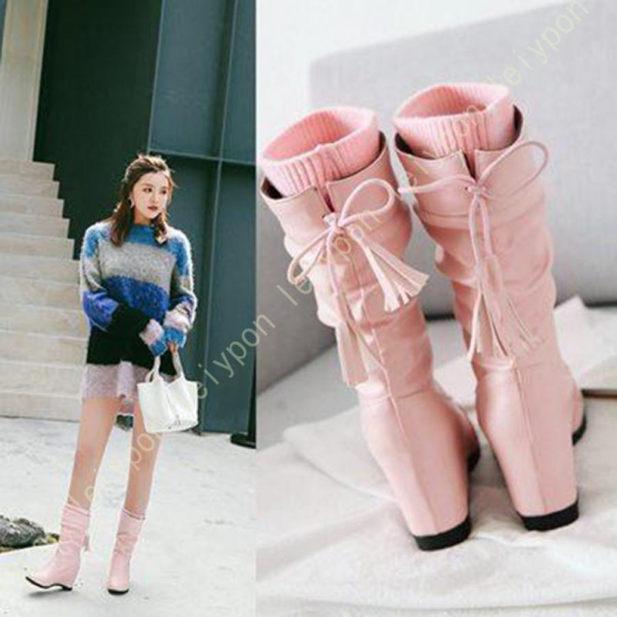 レディース ロングブーツ 本革調 ラウンドトゥ メリヤス ウェッジヒール エンジニアブーツ フリンジ 裏起毛 くしゅくしゅ 6.5cm シークレットシューズ 長靴 :ane-ryk ...