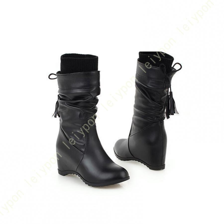 レディース ロングブーツ 本革調 ラウンドトゥ メリヤス ウェッジヒール エンジニアブーツ フリンジ 裏起毛 くしゅくしゅ 6.5cm シークレットシューズ 長靴 :ane-ryk ...