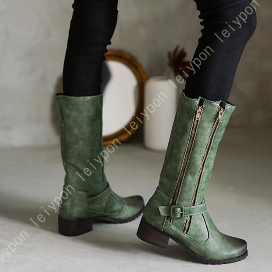 ロングブーツ レディース ジョッキー 本革調 高筒靴 ロングバレル サイドジップ ローヒール 秋冬 ベルトバックル 大きめ ラウンドトゥ 太めヒール 防滑 通勤 : leiypon - 通販 ...