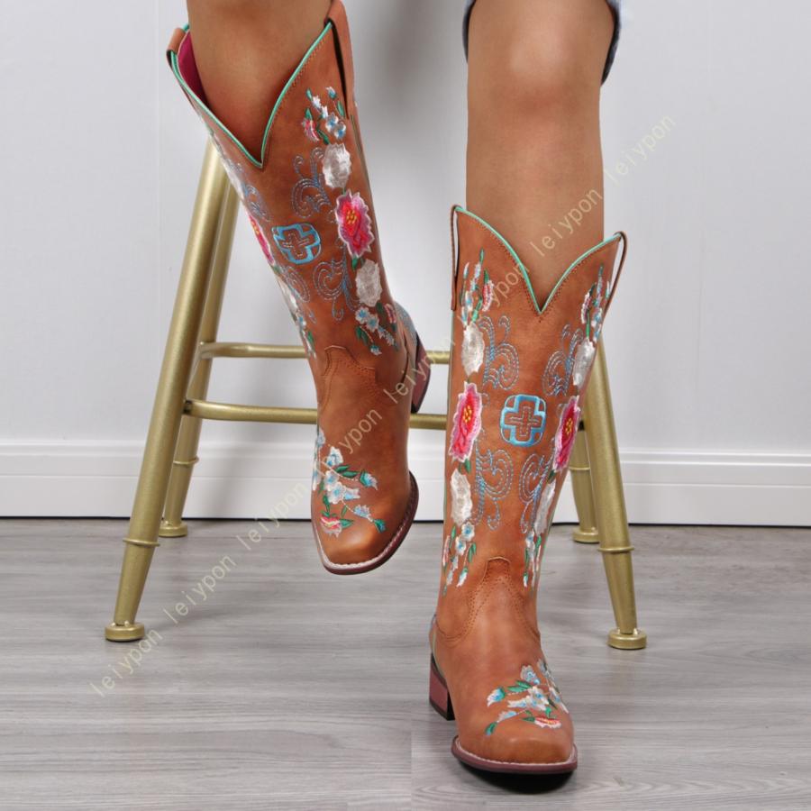 ウエスタンブーツ ウエスタン カントリーダンス カウボーイ 刺繍 ロングブーツ 女性用 本革調 茶色 花柄 ブラウン スクエアトゥ ジョッキーブーツ :ane-ryk-XZ3443 ...