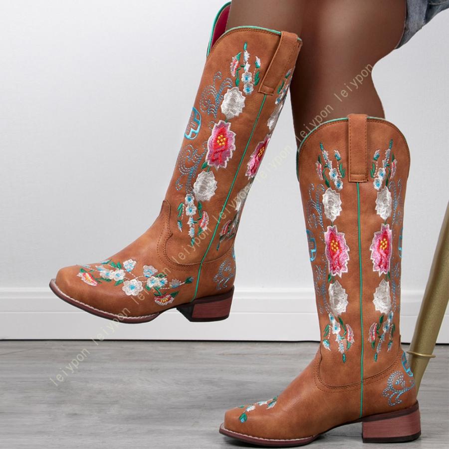 ウエスタンブーツ ウエスタン カントリーダンス カウボーイ 刺繍 ロングブーツ 女性用 本革調 茶色 花柄 ブラウン スクエアトゥ ジョッキーブーツ :ane-ryk-XZ3443 ...