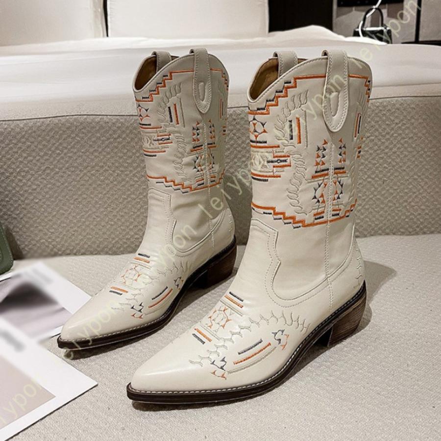 ウエスタンブーツ ミッドカーフ レディース カウボーイブーツ 乗馬靴 刺繍シューズ ポインテッドトゥ ブーツ ローヒール ハイブーツ 太ヒール 秋冬 かっこいい : leiypon - 通販 ...