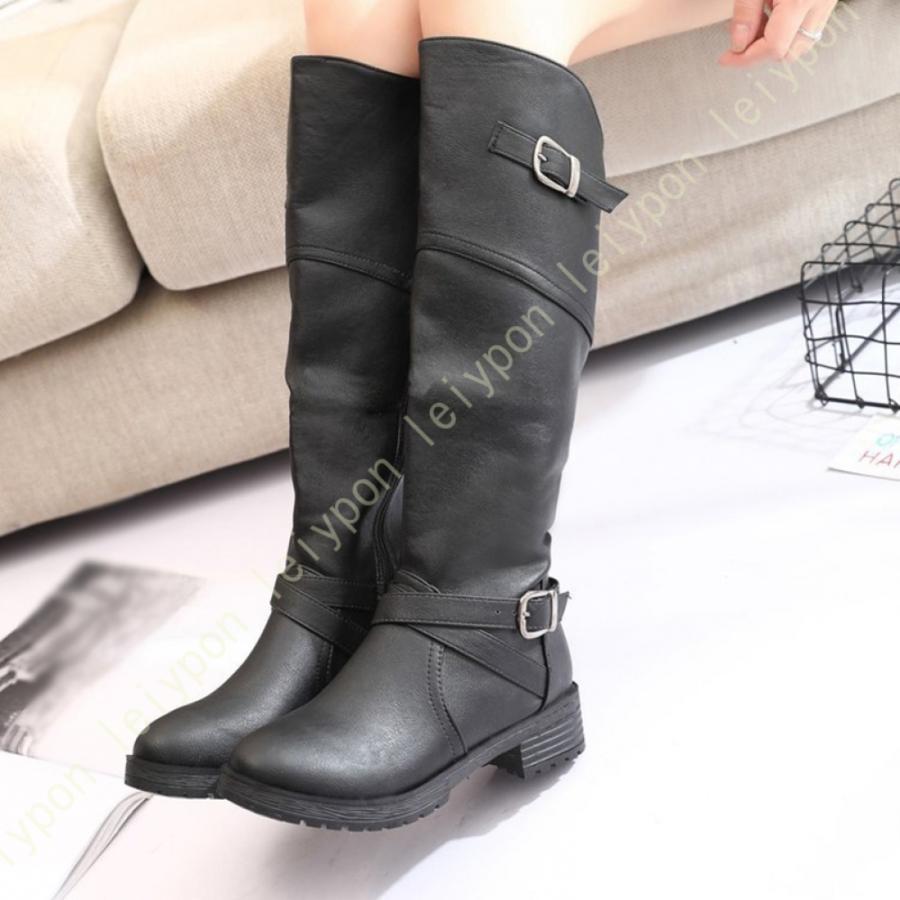 ジョッキーブーツ ニーハイブーツ ダブルベルト ロングブーツ ローヒール ニーハイブーツ 美脚 秋 冬 長ブーツ 長靴 カジュアル ハイヒール 身長UP 太ヒール :c9E-mry ...