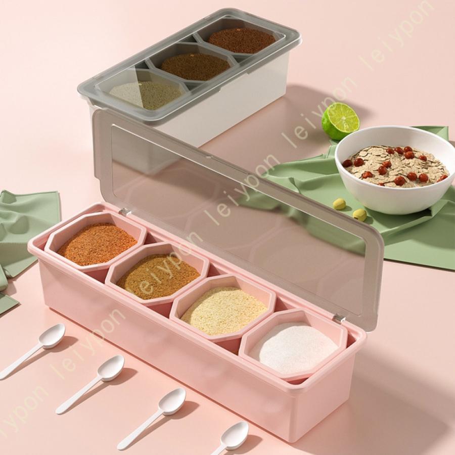 塩 容器 砂糖 調味料収納ケース 調味料入れ砂糖入れ 調味料 容器 グリーン 大容量 仕切り付 スプーン付き 仕切付き 取り外す 3格 4格 バンドカバー 透明安全性 :d1p-90k ...