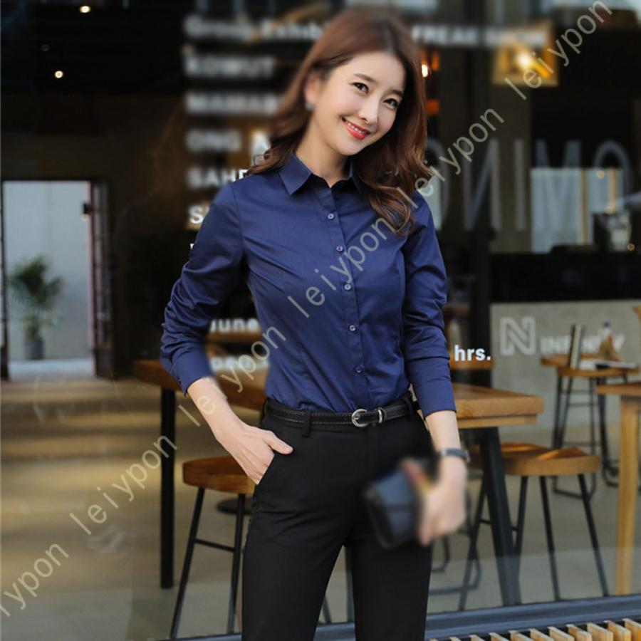 レディース ブラウス 透けない シャツ ワイシャツ 長袖 白 黒 ダークブルー 青 オフィス OL レギュラー スキッパー 就活 新生活 制服 ユニフォームにぴったり : leiypon ...