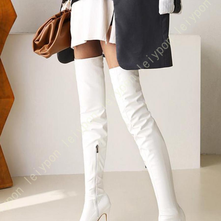 セクシー ニーハイブーツ ピンヒール ロングブーツ ポインテッドトゥ サイドジッパー レディース サイハイブーツ エナメル PU ストレッチブーツ 長靴 12CM : leiypon - 通販 ...