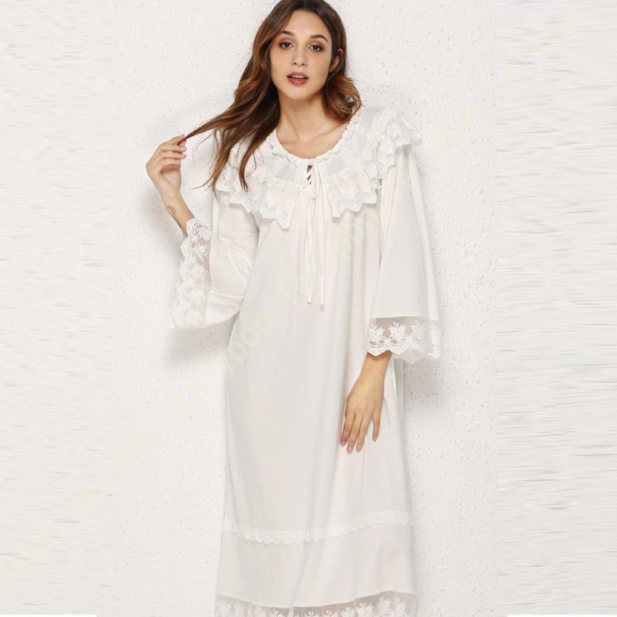 パジャマ レディース ネグリジェ 長袖 ワンピース 綿 コットン 肌に優しい レース パフスリーブ 可愛い ナイトウェア スリップ ドレス プリンセス 姫系 : yrc-o77-som5wuc ...