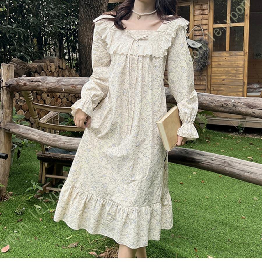 ルームワンピース ネグリジェ パジャマ 姫系 春秋 ロング丈 ナイトウェア レディース ワンピース お姫様気分に 可愛い 花柄 長袖 ルームウェア ゆったり : yrc-o77-somuau ...