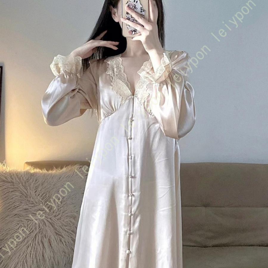ネグリジェ ルームワンピース パジャマ ルームウェア サテン ロング お寝巻き 長袖 ロング丈 春夏秋 お姫様気分に レディース 可愛い セクシー ネグリジェ : yrc-o77-soy67n ...
