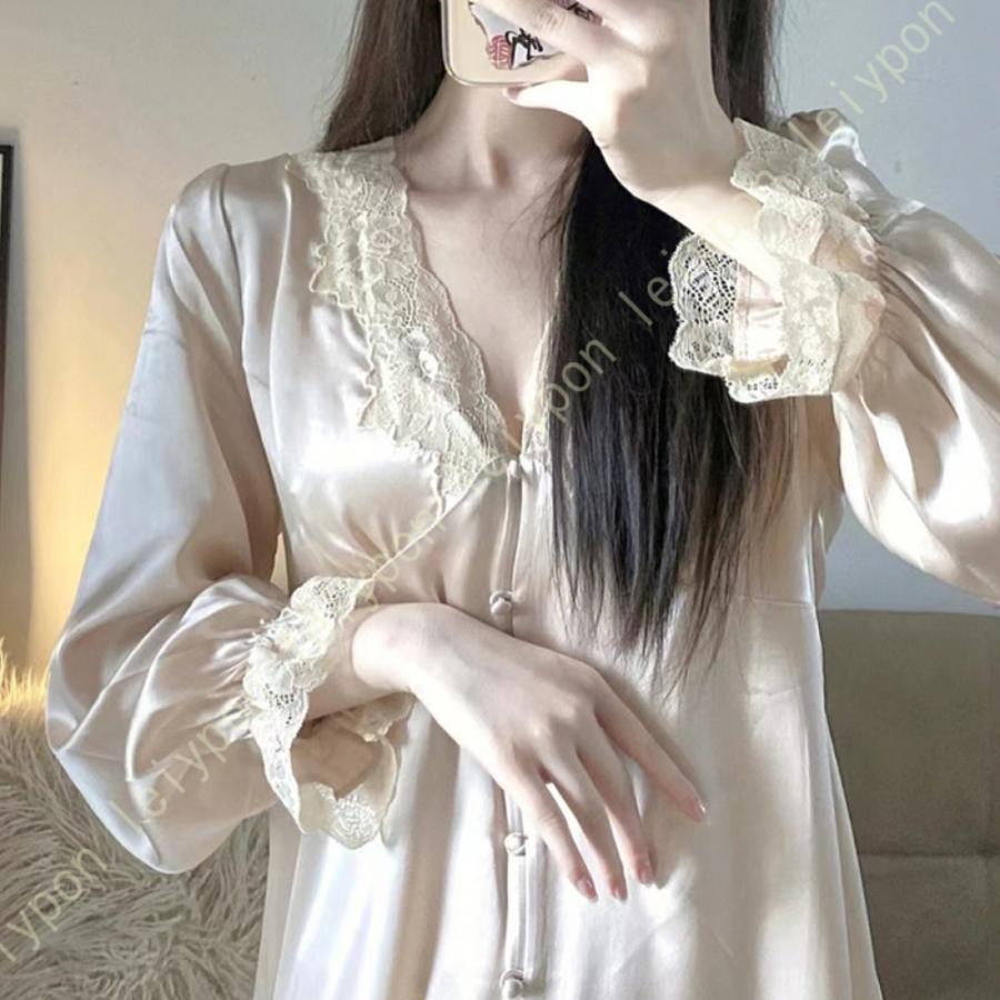 ネグリジェ ルームワンピース パジャマ ルームウェア サテン ロング お寝巻き 長袖 ロング丈 春夏秋 お姫様気分に レディース 可愛い セクシー ネグリジェ : yrc-o77-soy67n ...