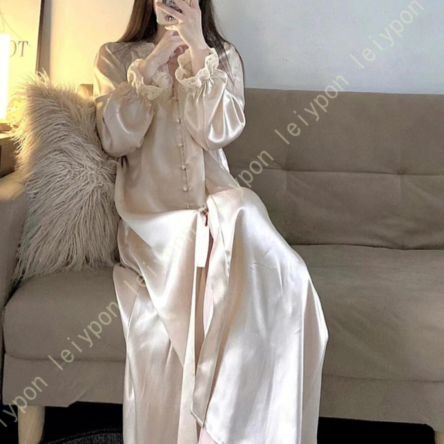 ネグリジェ ルームワンピース パジャマ ルームウェア サテン ロング お寝巻き 長袖 ロング丈 春夏秋 お姫様気分に レディース 可愛い セクシー ネグリジェ : yrc-o77-soy67n ...