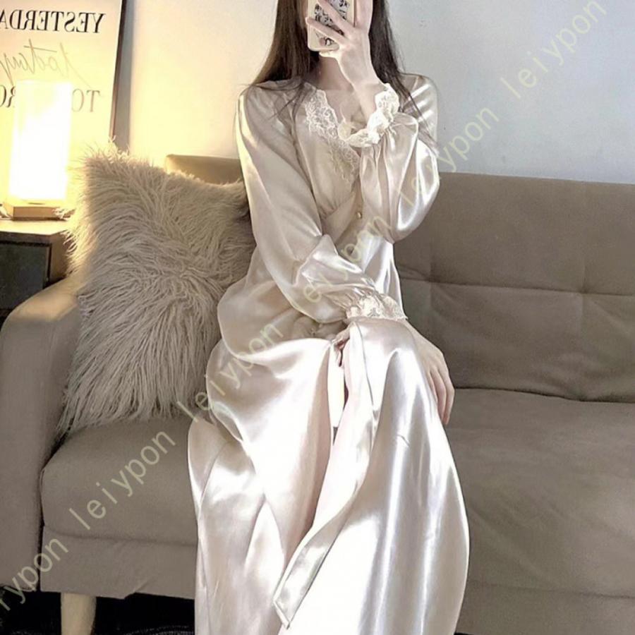 ネグリジェ ルームワンピース パジャマ ルームウェア サテン ロング お寝巻き 長袖 ロング丈 春夏秋 お姫様気分に レディース 可愛い セクシー ネグリジェ : yrc-o77-soy67n ...