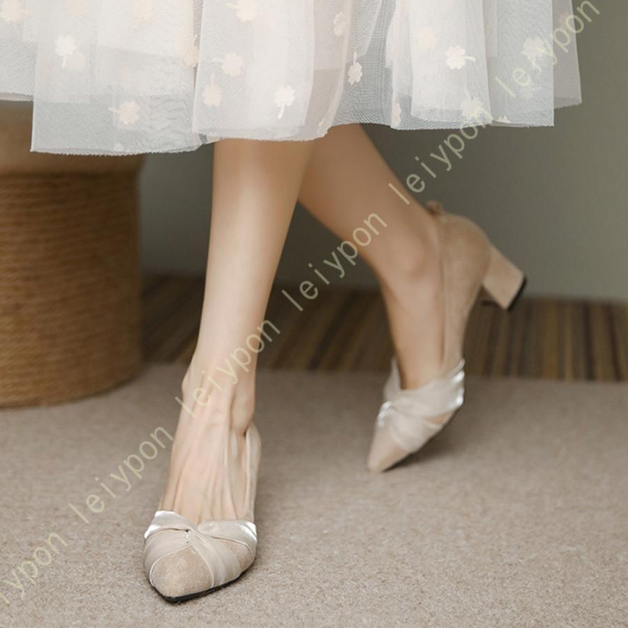 パンプス 幅広 甲高 靴 痛くない ポインテッドトゥ チャンキー Vカット 5センチヒール つま先 ミドルヒール パーティーパンプス スエード 卒園式 : leiypon - 通販 ...