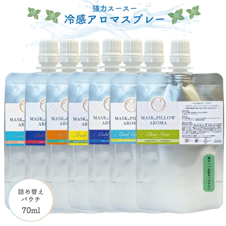 《強力 冷感 アロマスプレー》詰替用 パウチ 70ml 天然薄荷 全7種 ｜アロマ ハーブ 清涼感 爽快 マスク 選べる ペパーミント 涼しい 気分転換 集中 花粉 : suu-suu ...