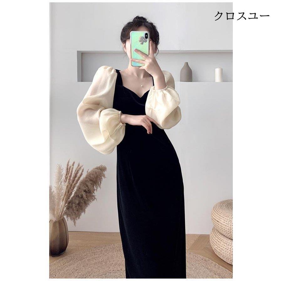 ベロアワンピース レディース ロングワンピ 長袖 春 ワンピース レトロ バルーンスリーブ ドレス マキシ丈ワンピース バーティー 結婚式 宴会 ベロアワンピース レディース ロングワンピ 長袖 春 ワンピース レトロ