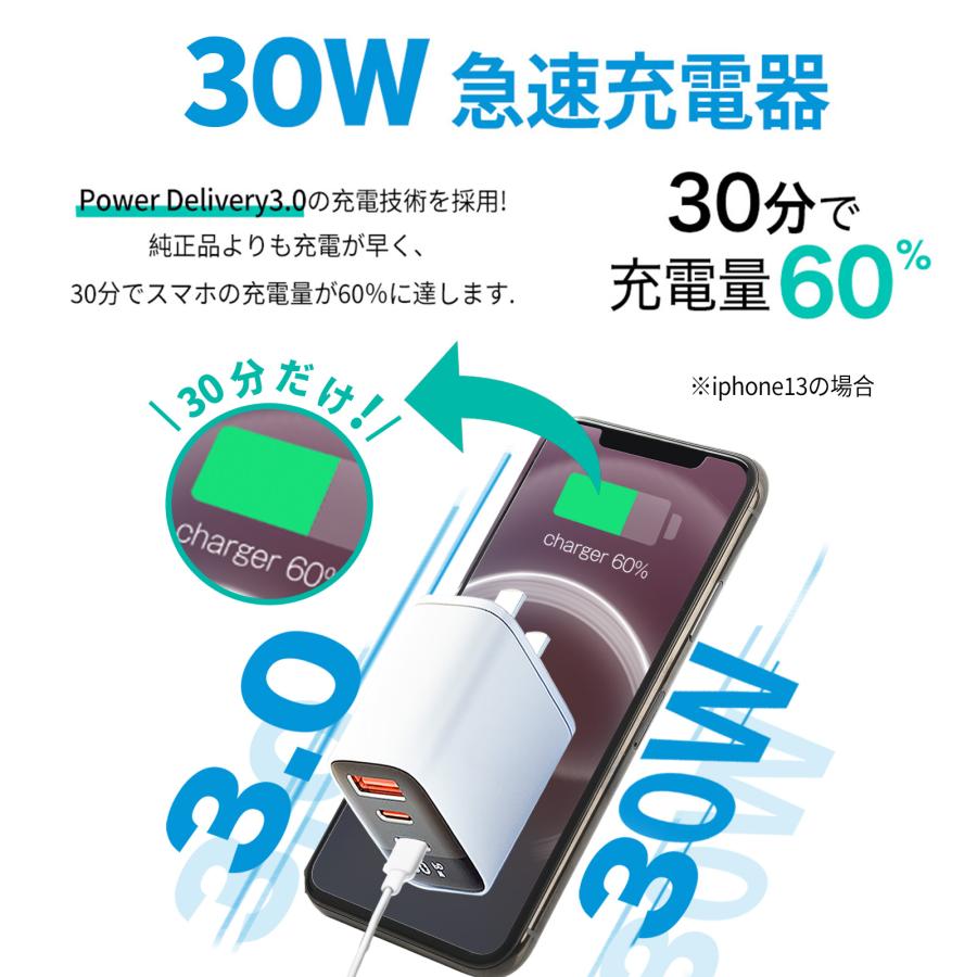 PD USB充電器 30W GaN Type C 急速充電器 iphone 高速充電器 PD対応 三台同時充電 急速充電器 超低温 コンセント 充電器 コンパクト 携帯充電器 アイフォン ...