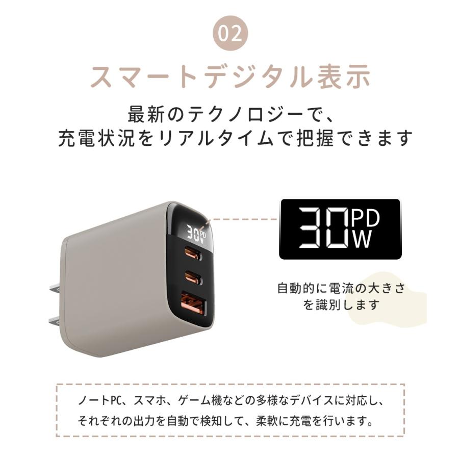 PD充電器 30W PD対応 3ポートタイプc急速充電器「GaN」窒化ガリウム TYPE-C1+TYPE-C2 USB-A/PSE技術基準適合/超軽量 極小型 usb充電器 iPhone ...