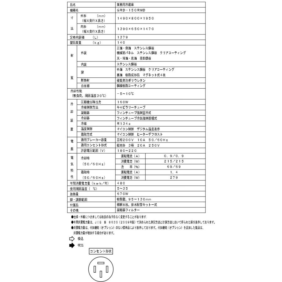縦型冷蔵庫 フクシマガリレイ GRD-150RMD 冷蔵1379L インバーター制御 三相200V 厚型 幅1490×奥行800×高さ1950(mm) 送料無料 新品 業務用 :fr020 ...