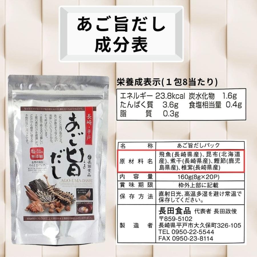 あごだし あご旨だし だしパック 無添加 国産 塩 食品添加物 出汁 長崎 平戸 トビウオ 焼あご 長田食品 （8g×20P）賞味期限 ...