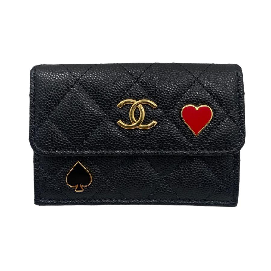 CHANEL シャネル 3つ折り財布 スモールフラップウォレット AP3080 マトラッセ キャビアスキン ココマーク トランプ ブラック ...