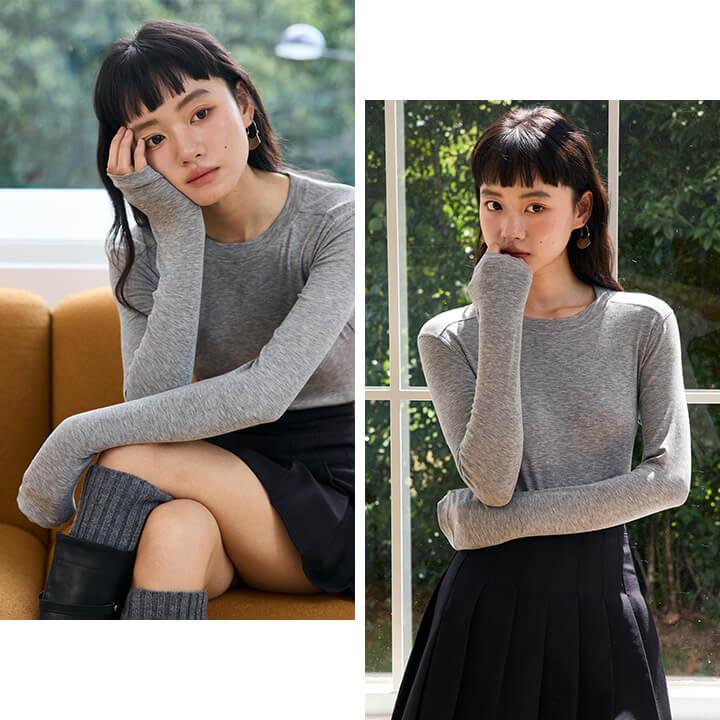 カットソー レディース クルーネックトップス 肌に優しい もっちり 絶妙 フィット感 伸びる ストレッチ性 インナー あったか 長袖 長そで 無地 rt9936 : rt9936 ...