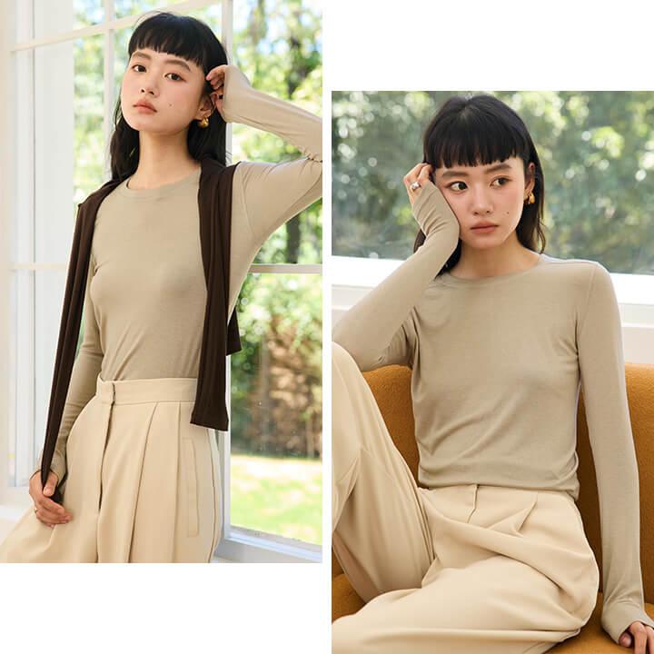 カットソー レディース クルーネックトップス 肌に優しい もっちり 絶妙 フィット感 伸びる ストレッチ性 インナー あったか 長袖 長そで 無地 rt9936 : rt9936 ...