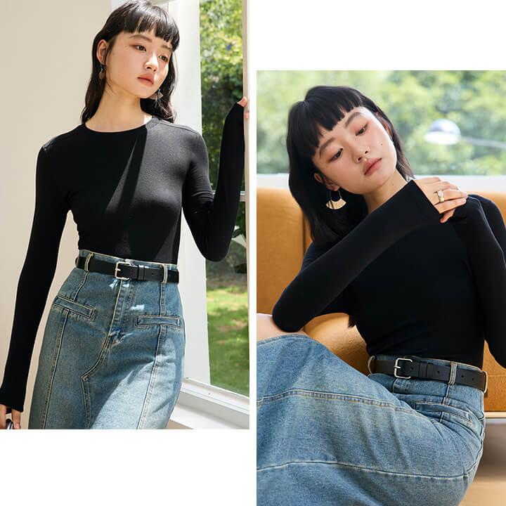 カットソー レディース クルーネックトップス 肌に優しい もっちり 絶妙 フィット感 伸びる ストレッチ性 インナー あったか 長袖 長そで 無地 rt9936 : rt9936 ...