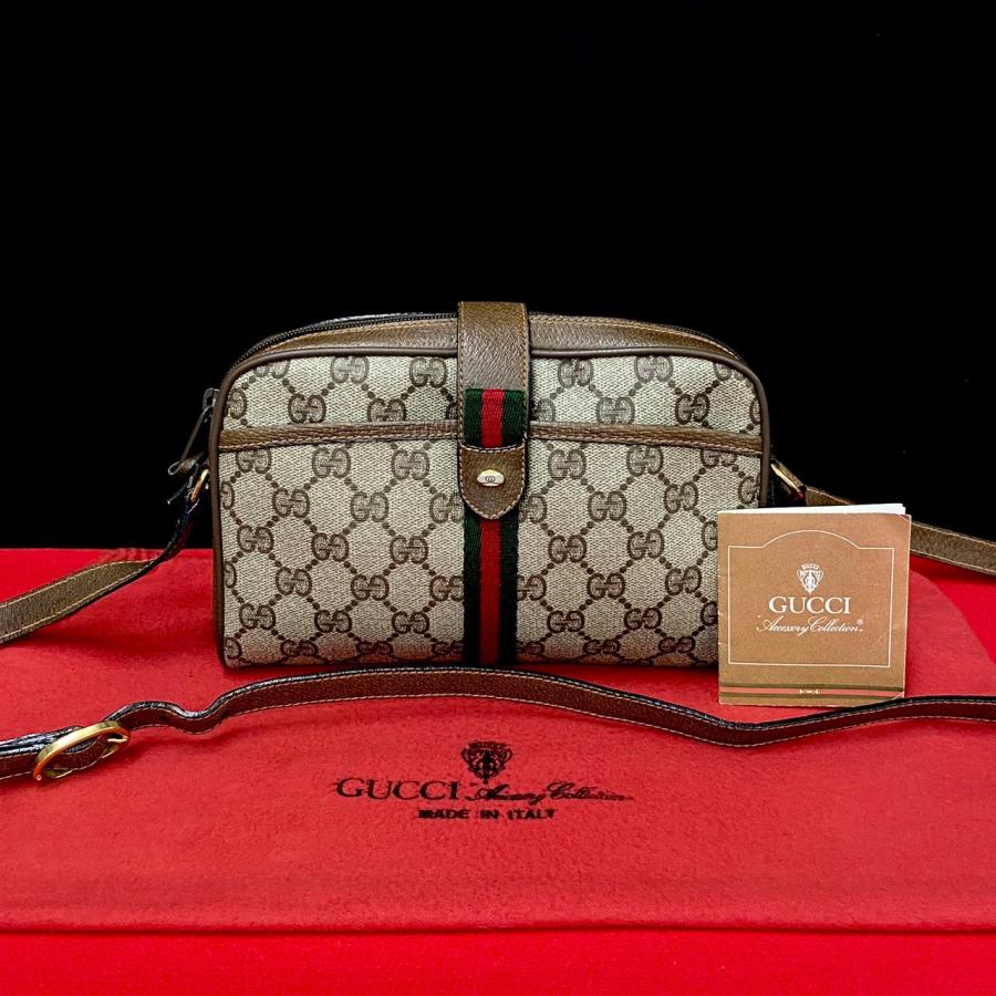 GUCCI ほぼ未使用 グッチ オールドグッチ ヴィンテージ シェリーライン GG ロゴ 金具 レザー ショルダーバッグ ポシェット ブラウン ...