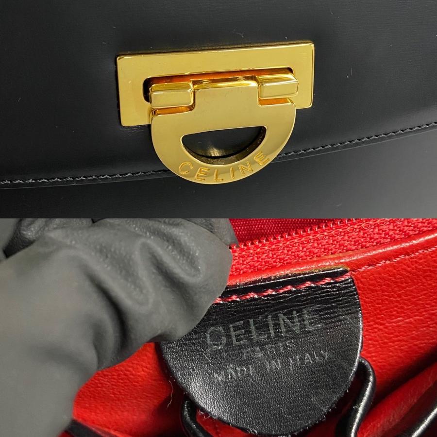 CELINE ほぼ未使用 セリーヌ オールドセリーヌ ヴィンテージ ロゴ金具 カーフレザー ミニ ハンドバッグ ブラック 黒 38983 ...