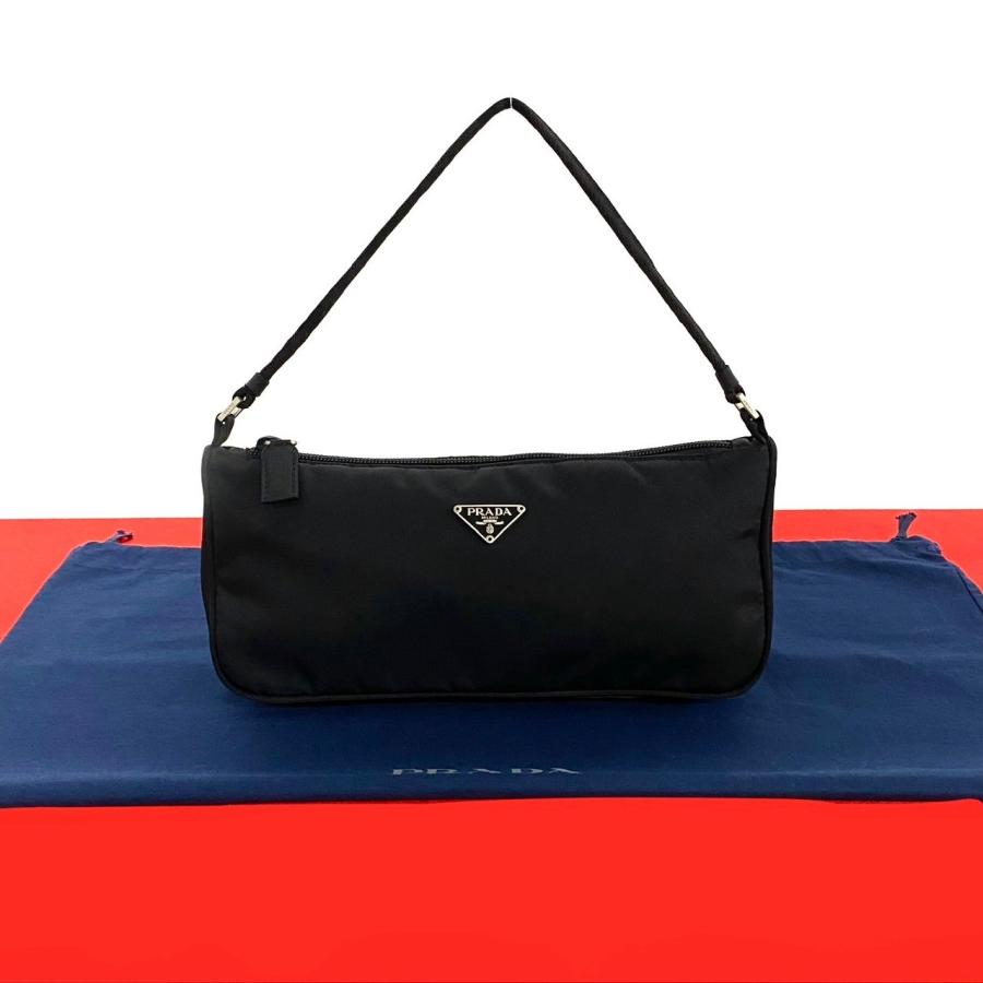 PRADA 極 美品 希少品 プラダ 三角 ロゴ 金具 ナイロン ハンドバッグ ミニ トートバッグ アクセサリー ポーチ ブラック 黒 ...